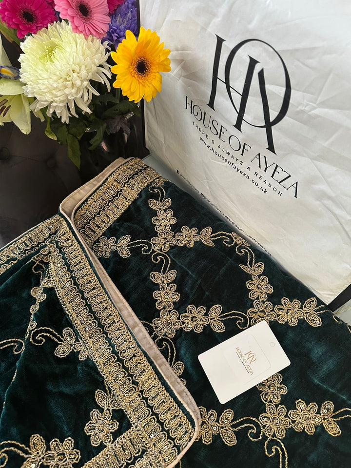 HOA | Velvet Embroidered Shawl Cross Green | House of Ayeza